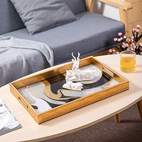 Anmmy Serving Perfume Decorative Tray Bed Bathroom Tray Jewelry Food Marble Gold Trays with Handals for Dinner Couch Outdoor Bar Organizer Rectangle Drink Coffee Fruit Tray