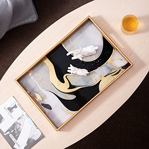 Anmmy Serving Perfume Decorative Tray Bed Bathroom Tray Jewelry Food Marble Gold Trays with Handals for Dinner Couch Outdoor Bar Organizer Rectangle Drink Coffee Fruit Tray