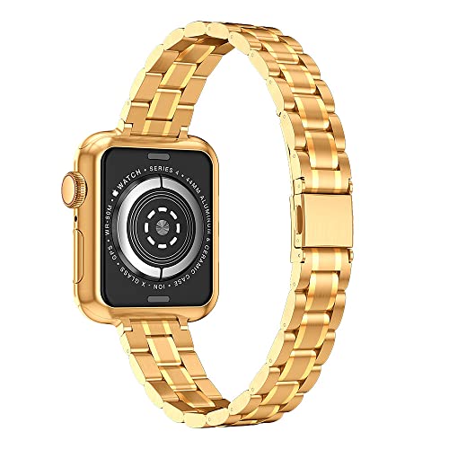 CSJCUBIC Metal band Compatible with Apple Watch Band 38mm 40mm 41mm 42mm 44mm 45mm for women, Slim and Thin Stainless Steel Replacement Adjustable Wristband for iWatch Series 8/7/6/5/4/3/2/1/SE (Gold, 38mm/40mm/41mm)