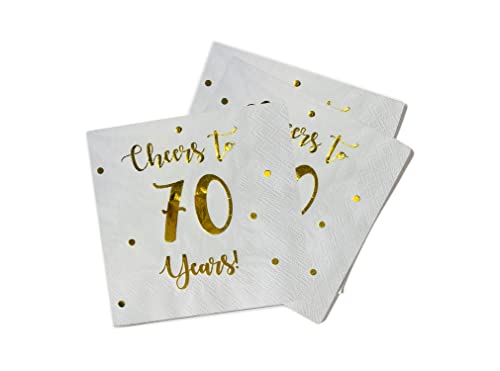 Cheers to 70 Years Cocktail Napkins | Happy 70th Birthday Decorations for Men and Women and Wedding Anniversary Party Decorations | 50-Pack 3-Ply Napkins | 5 x 5 inch folded (White)