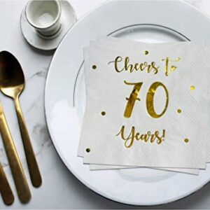 Cheers to 70 Years Cocktail Napkins | Happy 70th Birthday Decorations for Men and Women and Wedding Anniversary Party Decorations | 50-Pack 3-Ply Napkins | 5 x 5 inch folded (White)