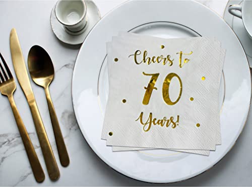 Cheers to 70 Years Cocktail Napkins | Happy 70th Birthday Decorations for Men and Women and Wedding Anniversary Party Decorations | 50-Pack 3-Ply Napkins | 5 x 5 inch folded (White)