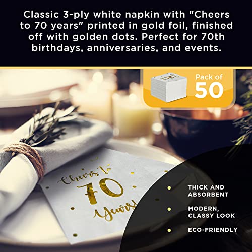 Cheers to 70 Years Cocktail Napkins | Happy 70th Birthday Decorations for Men and Women and Wedding Anniversary Party Decorations | 50-Pack 3-Ply Napkins | 5 x 5 inch folded (White)