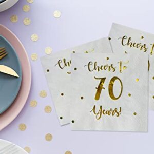 Cheers to 70 Years Cocktail Napkins | Happy 70th Birthday Decorations for Men and Women and Wedding Anniversary Party Decorations | 50-Pack 3-Ply Napkins | 5 x 5 inch folded (White)