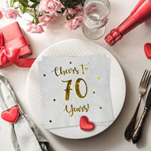 Cheers to 70 Years Cocktail Napkins | Happy 70th Birthday Decorations for Men and Women and Wedding Anniversary Party Decorations | 50-Pack 3-Ply Napkins | 5 x 5 inch folded (White)