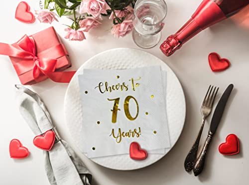 Cheers to 70 Years Cocktail Napkins | Happy 70th Birthday Decorations for Men and Women and Wedding Anniversary Party Decorations | 50-Pack 3-Ply Napkins | 5 x 5 inch folded (White)