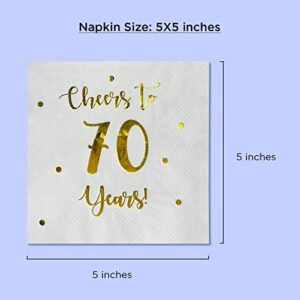 Cheers to 70 Years Cocktail Napkins | Happy 70th Birthday Decorations for Men and Women and Wedding Anniversary Party Decorations | 50-Pack 3-Ply Napkins | 5 x 5 inch folded (White)