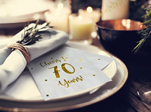 Cheers to 70 Years Cocktail Napkins | Happy 70th Birthday Decorations for Men and Women and Wedding Anniversary Party Decorations | 50-Pack 3-Ply Napkins | 5 x 5 inch folded (White)