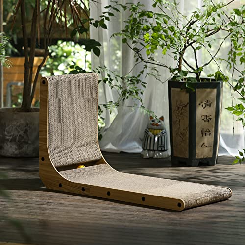 FUKUMARU Cat Scratcher, 26.8 Inch L Shape Cat Scratch Pad Wall Mounted, Cat Scratching Cardboard with Ball Toy for Indoor Cats, Large Size