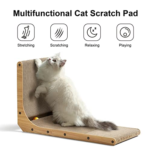 FUKUMARU Cat Scratcher, 26.8 Inch L Shape Cat Scratch Pad Wall Mounted, Cat Scratching Cardboard with Ball Toy for Indoor Cats, Large Size