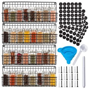 hanging spice racks with jars, 4-tier wall mounted metal spice racks with 32 pcs 4oz glass spice jars, easy to install space saving organizer shelf with seasoning bottles for your kitchen and pantry