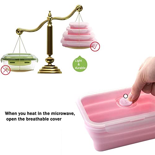 Keweis Silicone Food Storage Containers with Lids, Collapsible Silicone Lunch Box Bento Boxes, Meal Prep Container for Kitchen, BPA Free, Microwave Freezer and Dishwasher Safe, Set of 4 - Square Pink