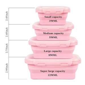 Keweis Silicone Food Storage Containers with Lids, Collapsible Silicone Lunch Box Bento Boxes, Meal Prep Container for Kitchen, BPA Free, Microwave Freezer and Dishwasher Safe, Set of 4 - Square Pink