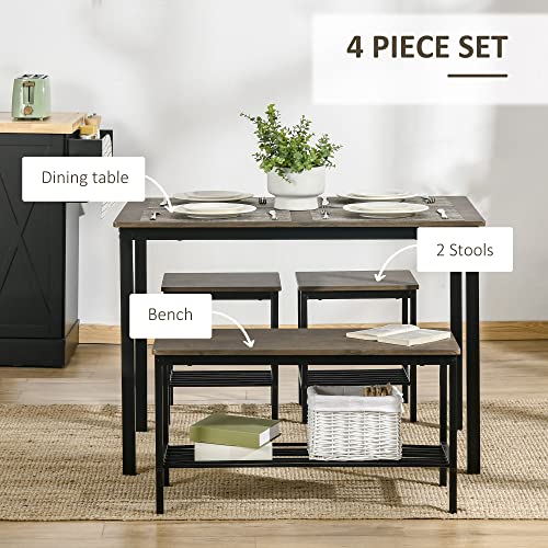 HOMCOM Industrial Dining Table Set, Kitchen Table and Chairs for 4, Dinner Table with Bench Set with Metal Frame & Storage Shelf, 4 Piece Dinette Set for Dining Room, Rustic Brown