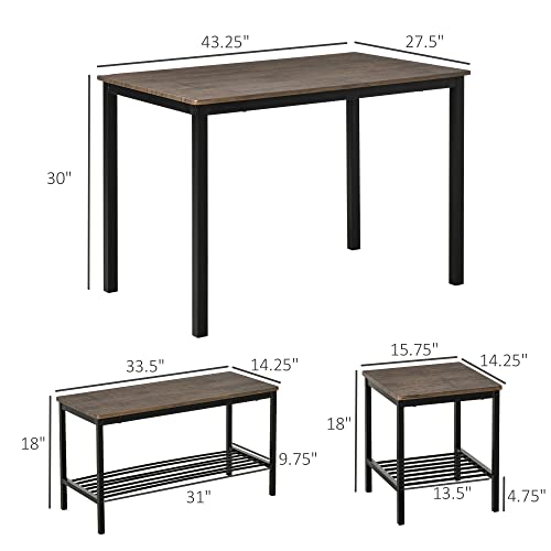 HOMCOM Industrial Dining Table Set, Kitchen Table and Chairs for 4, Dinner Table with Bench Set with Metal Frame & Storage Shelf, 4 Piece Dinette Set for Dining Room, Rustic Brown