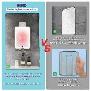 RRtide Heated Shower Mirror Fogless for Shaving with LED Light of 8X5.5inch, Rechargeable Fogless Mirror for Shower with 2 Razor Holders, Made of Real Glass, No Distortion