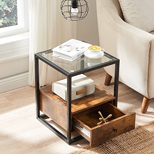 SICOTAS Nightstand Set of 2 - Tempered Glass Top with Drawer - Modern Glass Night Stand with Drawer and Storage Shelf, Industrial End Table Side Table, Bedside Table with Metal Frame for Living Room