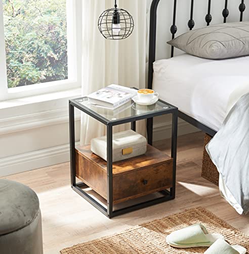 SICOTAS Nightstand Set of 2 - Tempered Glass Top with Drawer - Modern Glass Night Stand with Drawer and Storage Shelf, Industrial End Table Side Table, Bedside Table with Metal Frame for Living Room