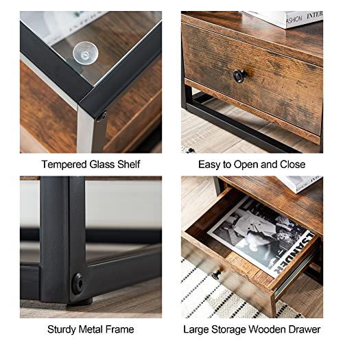 SICOTAS Nightstand Set of 2 - Tempered Glass Top with Drawer - Modern Glass Night Stand with Drawer and Storage Shelf, Industrial End Table Side Table, Bedside Table with Metal Frame for Living Room