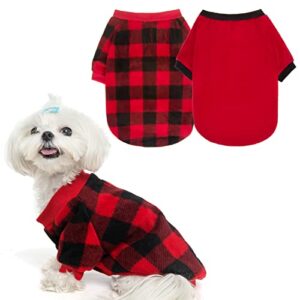 pupteck polar fleece dog hoodie 2 pack – red/black plaid and solid red puppy sweater for small medium dogs, warm pet shirts autumn winter doggy christmas clothes soft comfortable cat apparel