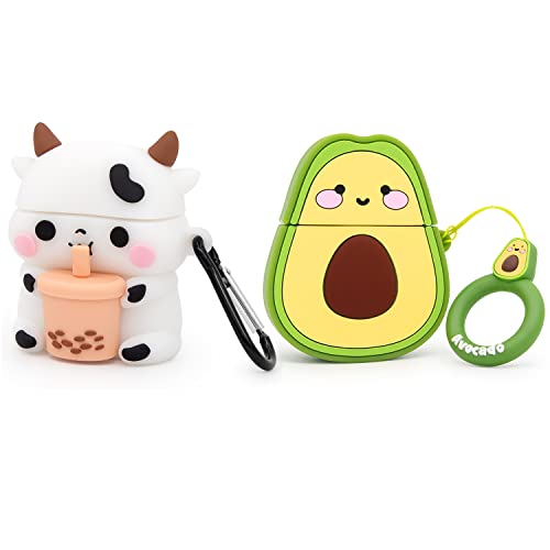 Mouzor 2 Pack Cute Avocado Airpods Case, Boba Tea Cow Airpods 2 Case, Funny 3D Cartoon Soft Silicone Full Protection Charging Cases Cover with Carabiner for Airpods 1st Generation, 2nd Generation