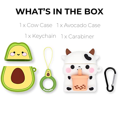 Mouzor 2 Pack Cute Avocado Airpods Case, Boba Tea Cow Airpods 2 Case, Funny 3D Cartoon Soft Silicone Full Protection Charging Cases Cover with Carabiner for Airpods 1st Generation, 2nd Generation