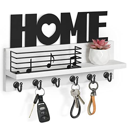 Dinosam Key Holder for Wall: Mail Organizer Wall Mount and Key Shelf with 6 Sturdy Hooks and Black Metal Decorative Piece for Entryway Farmhouse Decor, White