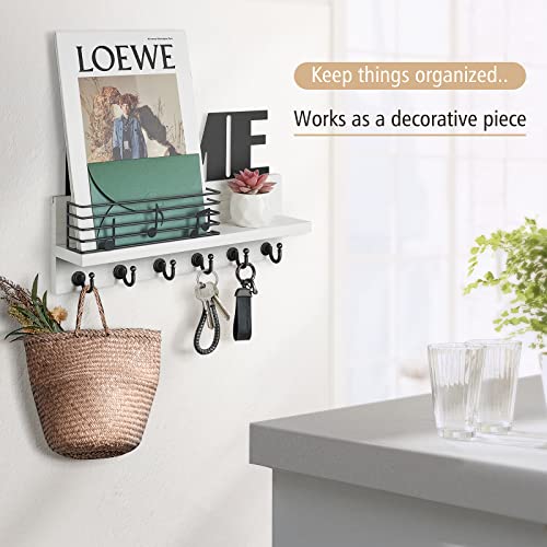 Dinosam Key Holder for Wall: Mail Organizer Wall Mount and Key Shelf with 6 Sturdy Hooks and Black Metal Decorative Piece for Entryway Farmhouse Decor, White