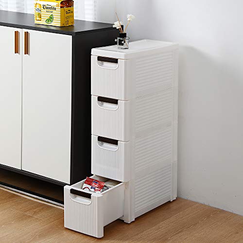 Kcelarec Dresser Storage Drawer Units Narrow Rolling Storage Cabinet Plastic 4-Drawer Storage Cart on Wheels,Standing Shelf Units for Bathroom Bedroom Office Kitchen Living Room