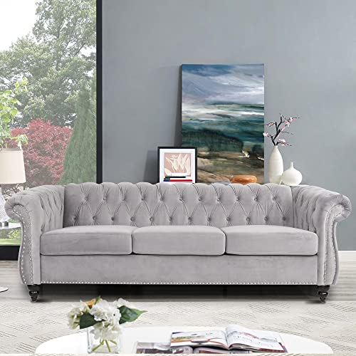 PHOYAL Large Sofa, Velvet Sofa Three-seat Sofa Classic Tufted Chesterfield Settee Sofa Modern 3 Seater Couch Furniture Tufted Back for Living Room (Grey)