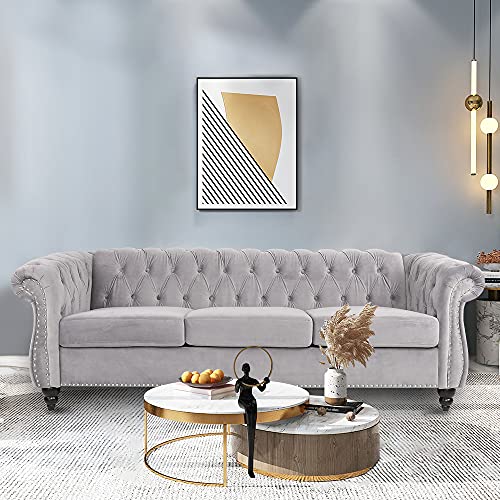 PHOYAL Large Sofa, Velvet Sofa Three-seat Sofa Classic Tufted Chesterfield Settee Sofa Modern 3 Seater Couch Furniture Tufted Back for Living Room (Grey)