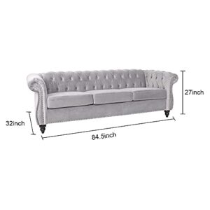 PHOYAL Large Sofa, Velvet Sofa Three-seat Sofa Classic Tufted Chesterfield Settee Sofa Modern 3 Seater Couch Furniture Tufted Back for Living Room (Grey)