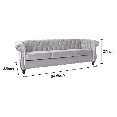 PHOYAL Large Sofa, Velvet Sofa Three-seat Sofa Classic Tufted Chesterfield Settee Sofa Modern 3 Seater Couch Furniture Tufted Back for Living Room (Grey)