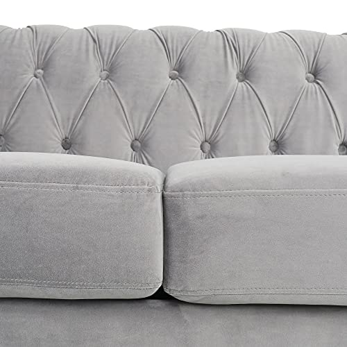 PHOYAL Large Sofa, Velvet Sofa Three-seat Sofa Classic Tufted Chesterfield Settee Sofa Modern 3 Seater Couch Furniture Tufted Back for Living Room (Grey)