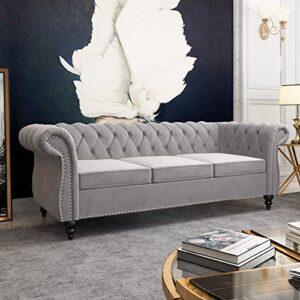 PHOYAL Large Sofa, Velvet Sofa Three-seat Sofa Classic Tufted Chesterfield Settee Sofa Modern 3 Seater Couch Furniture Tufted Back for Living Room (Grey)