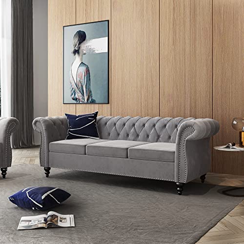 PHOYAL Large Sofa, Velvet Sofa Three-seat Sofa Classic Tufted Chesterfield Settee Sofa Modern 3 Seater Couch Furniture Tufted Back for Living Room (Grey)