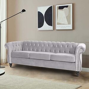 PHOYAL Large Sofa, Velvet Sofa Three-seat Sofa Classic Tufted Chesterfield Settee Sofa Modern 3 Seater Couch Furniture Tufted Back for Living Room (Grey)