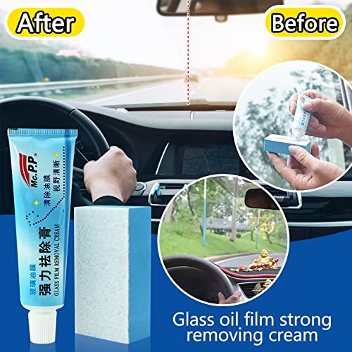 Car Glass Oil Film Cleaner - Glass Film Removal Cream with Sponge - Glass Oil Film Removing Paste - Car Windshield Oil Film Cleaner - Glass Stripper Water Spot Remover - Glass Oil Film Remover (2PCS)