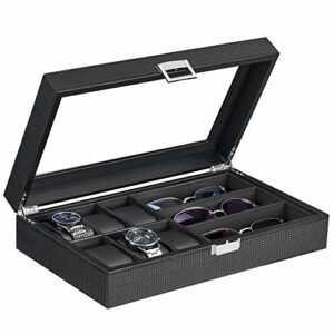 bewishome watch box sunglass organizer with real glass top, 6 watch case and 3 slots sunglasses box for men, carbon fiber design, black ssh18c