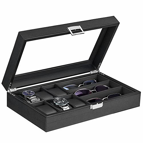 BEWISHOME Watch Box Sunglass Organizer with Real Glass Top, 6 Watch Case and 3 Slots Sunglasses Box for Men, Carbon Fiber Design, Black SSH18C