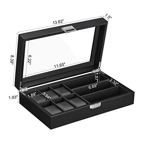 BEWISHOME Watch Box Sunglass Organizer with Real Glass Top, 6 Watch Case and 3 Slots Sunglasses Box for Men, Carbon Fiber Design, Black SSH18C