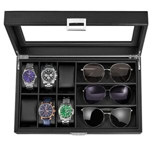 BEWISHOME Watch Box Sunglass Organizer with Real Glass Top, 6 Watch Case and 3 Slots Sunglasses Box for Men, Carbon Fiber Design, Black SSH18C