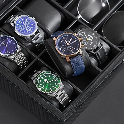 BEWISHOME Watch Box Sunglass Organizer with Real Glass Top, 6 Watch Case and 3 Slots Sunglasses Box for Men, Carbon Fiber Design, Black SSH18C