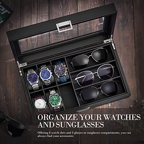 BEWISHOME Watch Box Sunglass Organizer with Real Glass Top, 6 Watch Case and 3 Slots Sunglasses Box for Men, Carbon Fiber Design, Black SSH18C