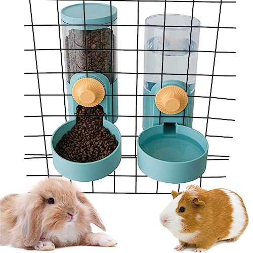 kathson 35oz Hanging Automatic Food Water Dispenser Auto Cat Gravity Feeder Waterer Set Water Food Bowl for Pet Cage Rabbit Ferret Guinea Pig (Green)