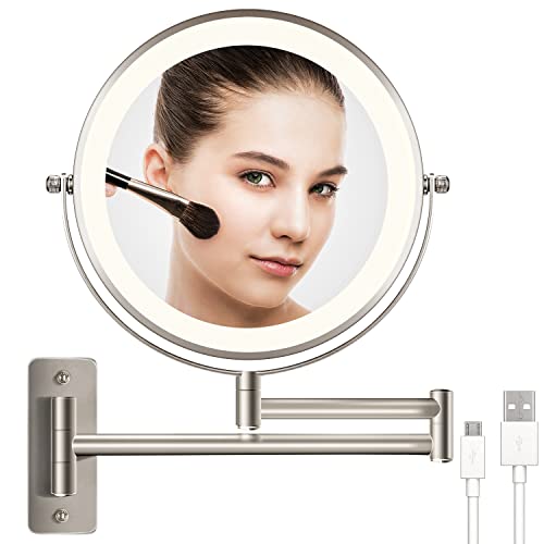 Rechargeable Wall Mounted Lighted Makeup Mirror, 8" Large 1X/10X Magnifying Vanity Mirror with 3 Color Lights, 17 Inch Extendable Bathroom Mirror Nickel, Dimmable 360° Swivel Shaving Light up Mirror