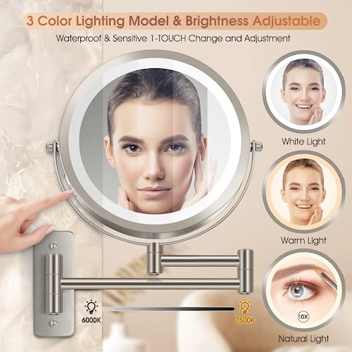 Rechargeable Wall Mounted Lighted Makeup Mirror, 8" Large 1X/10X Magnifying Vanity Mirror with 3 Color Lights, 17 Inch Extendable Bathroom Mirror Nickel, Dimmable 360° Swivel Shaving Light up Mirror