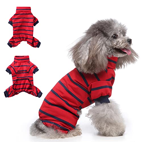 MORVIGIVE Striped Dog Pajamas, Soft Puppy Jumpsuit Pet Bodysuit Onesie with 4 Legs for Small Dogs, Stretchy Doggie Jammies Cat Sleepwear Shirts Prevent Shedding for All Season Indoor and Outdoor