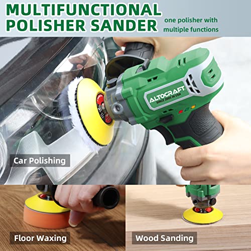 ALTOCRAFT Mini Polisher & Sander 3-inch, 12V Compact Cordless Small Buffer Waxer w/2.0Ah Battery,Variable Speed,5 Sandpapers,2 Flat Pads,Wool Pad for Car Detailing/DIY Polishing/Sanding/Waxing