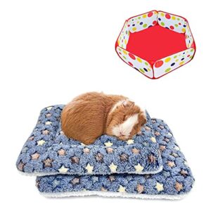 2 packs of square plush guinea pig bed and 1 small animals playpen (size m), cozy hamsters sugar glider hedgehog sleep bed, rabbit cage accessories mat